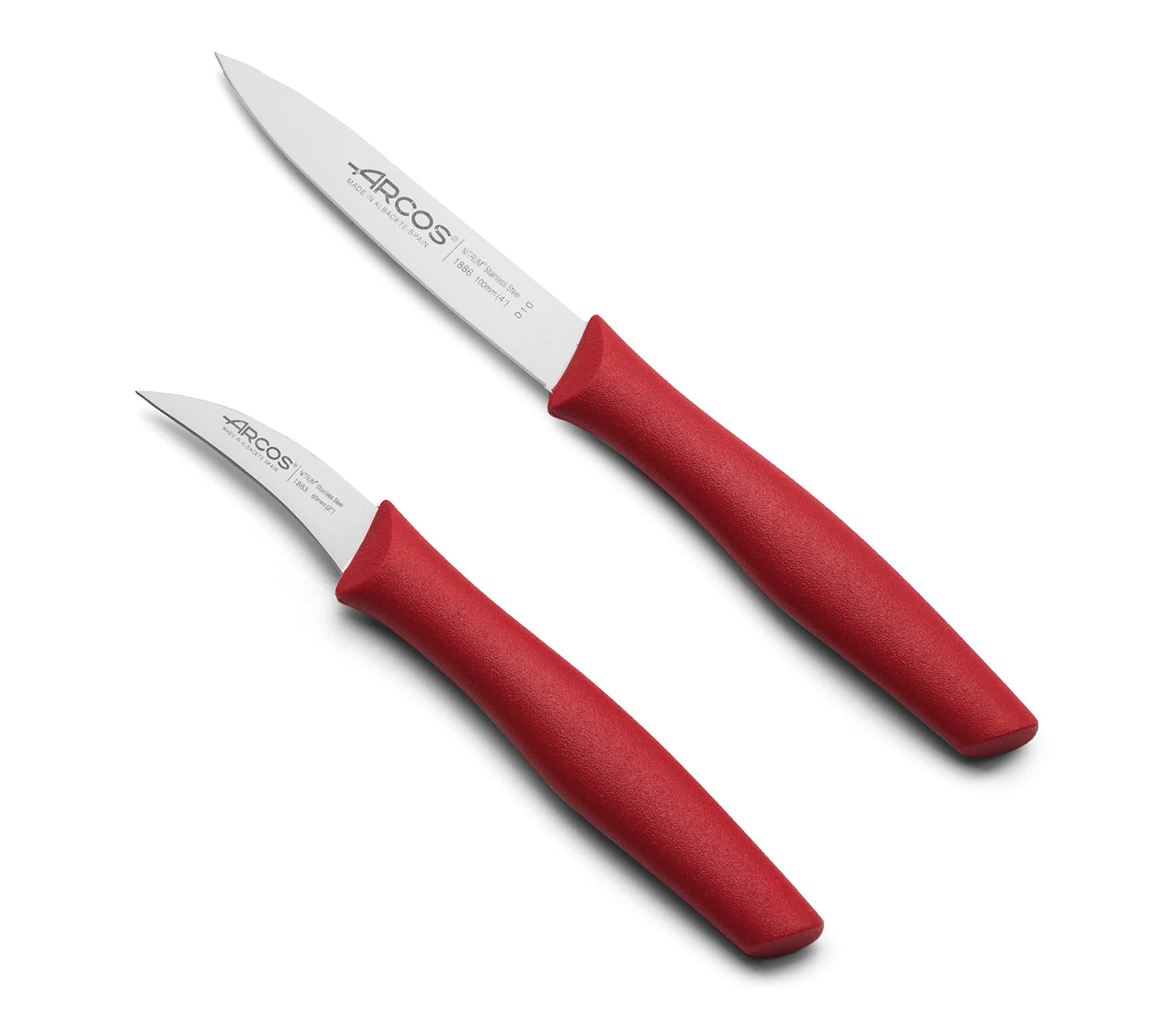 ARCOS Paring Knife Set 2 Pieces. 2 Peeling Knives of Stainless Steel and Ergonomic Polypropylene Handle for Cutting Fruits, Vegetables and Tubers. Series Nova. Color Red