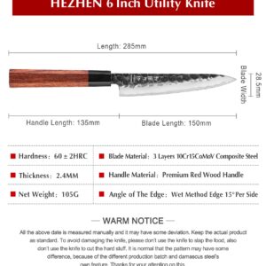 HEZHEN 6" Utility Knife, Clad Steel Composite Forging Steel Universal Knife, Petty Knife Paring Fruit Peeling,Japanese Style Kitchen Knife,Natural Wood Octagonal Handle