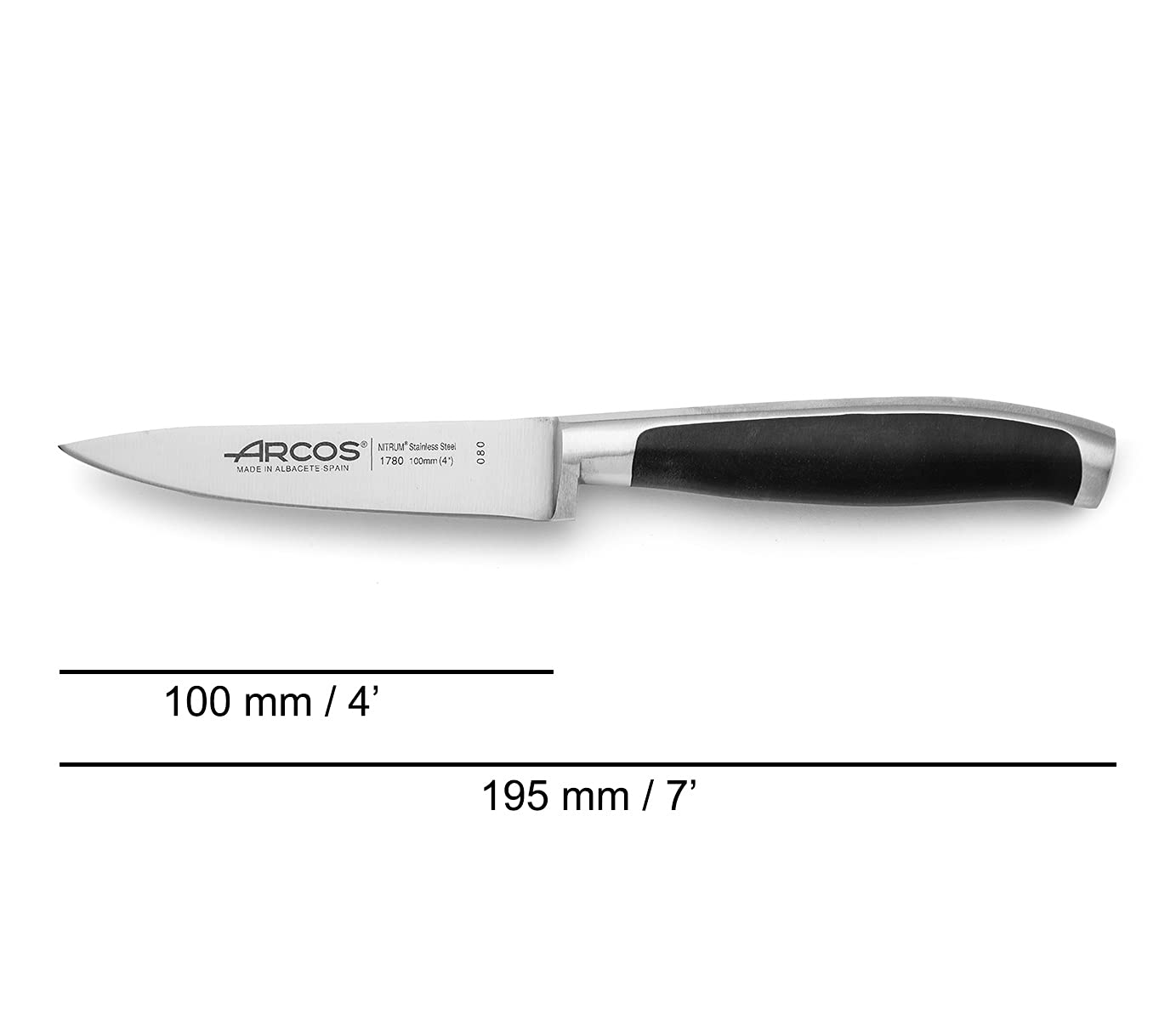 ARCOS Paring Knife 4 Inch Stainless Steel. Professional Kitchen Knife for Cut, Peel and Clean Food. Ergonomic Polyoxymethylene Handle and 100 mm Blade. Series Kyoto. Color Black