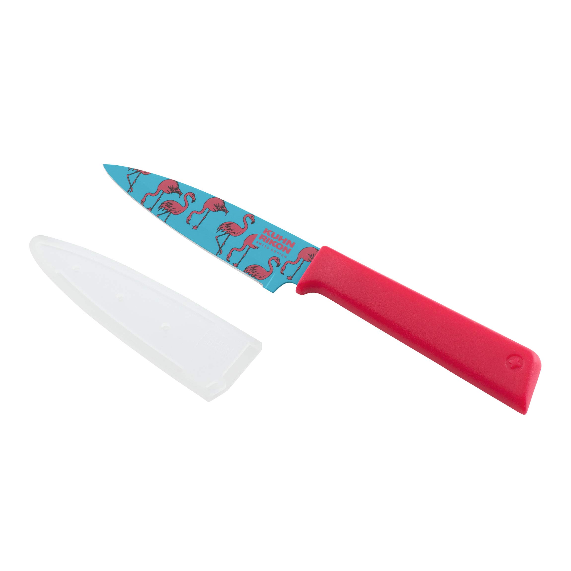 KUHN RIKON Tropics Flamingo Colori+ Non-Stick Straight Paring Knife with Safety Sheath, Stainless Steel