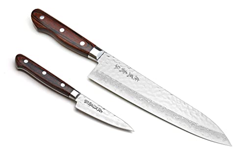 Yoshihiro VG-10 16 Layer Hammered Damascus Stainless Steel Gyuto 8.25'' (210mm) Japanese Chefs Knife & Paring Utility Knife 3.2'' (80mm) SET