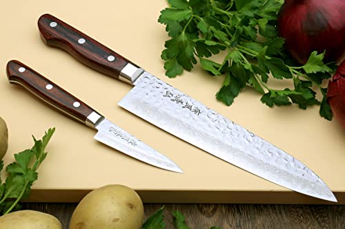 Yoshihiro VG-10 16 Layer Hammered Damascus Stainless Steel Gyuto 8.25'' (210mm) Japanese Chefs Knife & Paring Utility Knife 3.2'' (80mm) SET