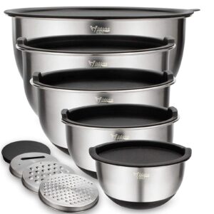 wildone mixing bowls set of 5, stainless steel nesting bowls with lids, 3 grater attachments, measurement marks & non-slip bottoms, size 5, 3, 2, 1.5, 0.63 qt, great for mixing & serving