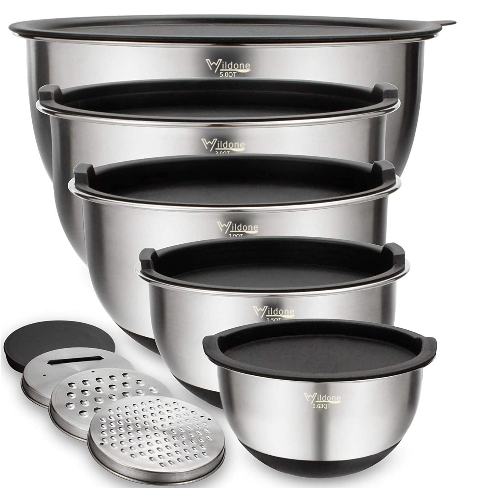 Wildone Mixing Bowls Set of 5, Stainless Steel Nesting Bowls with Lids, 3 Grater Attachments, Measurement Marks & Non-Slip Bottoms, Size 5, 3, 2, 1.5, 0.63 QT, Great for Mixing & Serving