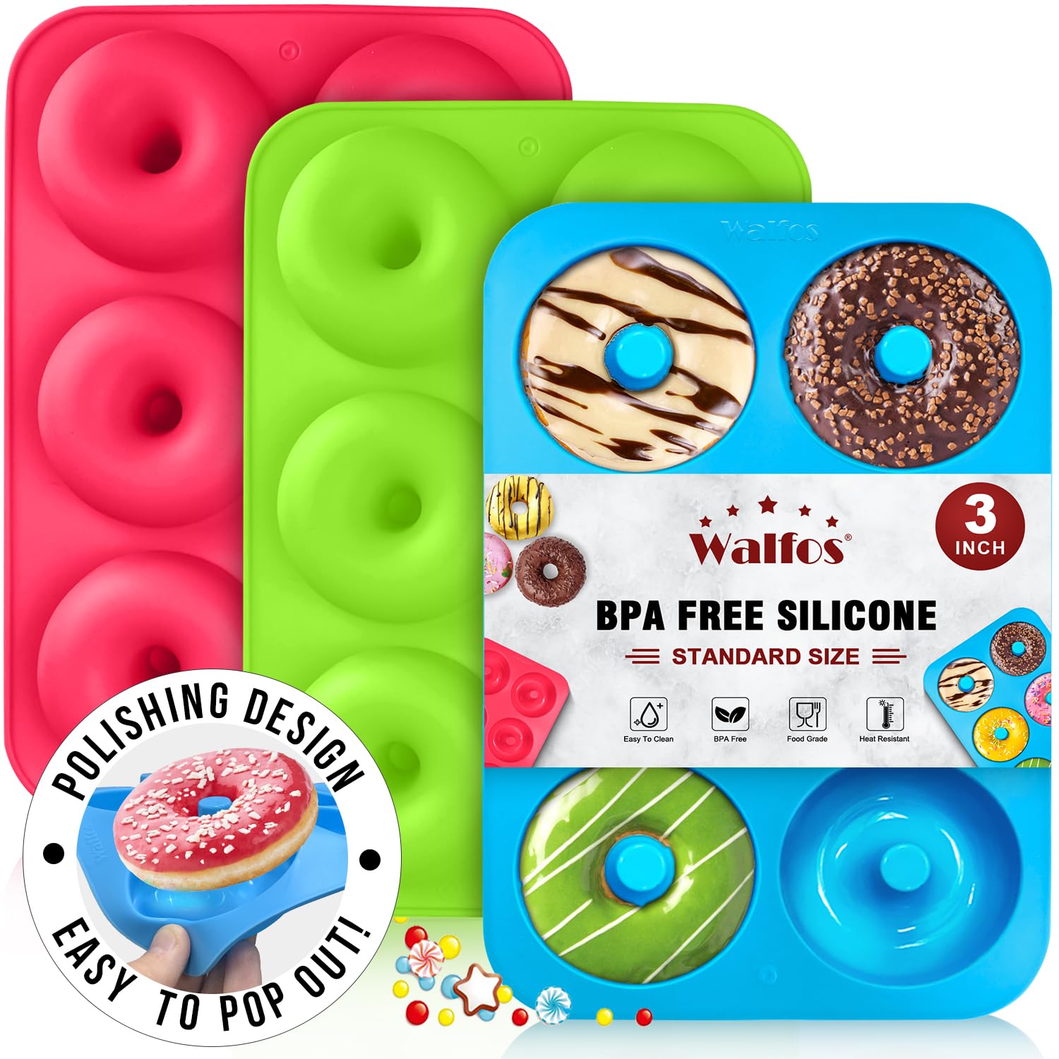 Walfos Silicone Donut Mold - Non-Stick Silicone Doughnut Pan Set, Just Pop Out! Heat Resistant, Make Perfect Donut Cake Biscuit Bagels, BPA FREE and Dishwasher Safe, Set of 3