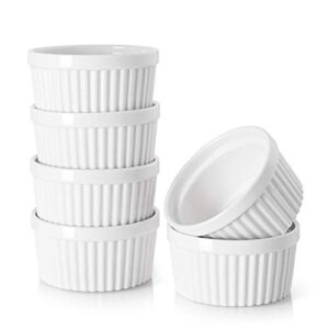 dowan 4 oz ramekins for creme brulee porcelain ramekins oven safe, classic style ramekins for baking souffle ramekins bowls, set of 6, white