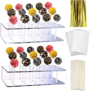 kkobho 2 pack acrylic lollipop holder cake pop stand 100pcs clear treats bags 100pcs lollipop sticks and 100pcs gold metallic twist ties for candy cake pop sticks making tools (2)