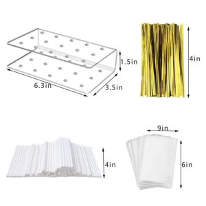 KKOBHO 2 Pack Acrylic Lollipop Holder Cake Pop Stand 100PCS Clear Treats Bags 100PCS Lollipop Sticks and 100PCS Gold Metallic Twist Ties for Candy Cake Pop Sticks Making Tools (2)