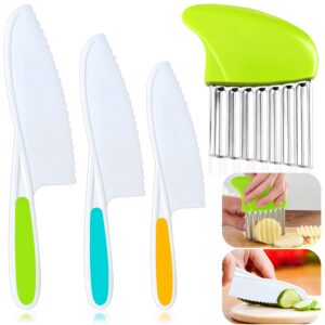 taorish 4 pcs kids knife set, nylon kitchen knife with crinkle cutter, serrated edges plastic toddler chef knife for real cooking & cutting fruit bread