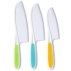 leking 3 pcs kids kitchen knife, plastic serrated edges kids knife set for cooking and cutting cakes, fruits and veggies, perfectly safe for toddler chef knife set for kids real cooking