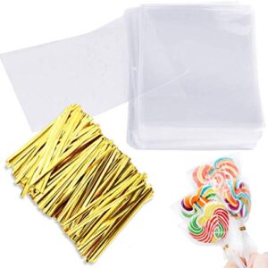 Augshy Cake Pop Bags, 300 Pcs Cellophane Treat Bags 3x5 with 300 Twist Ties - 1.4 mils Thickness OPP Plastic Bags for Lollipop Candy Chocolate Cookie Wrapping Buffet