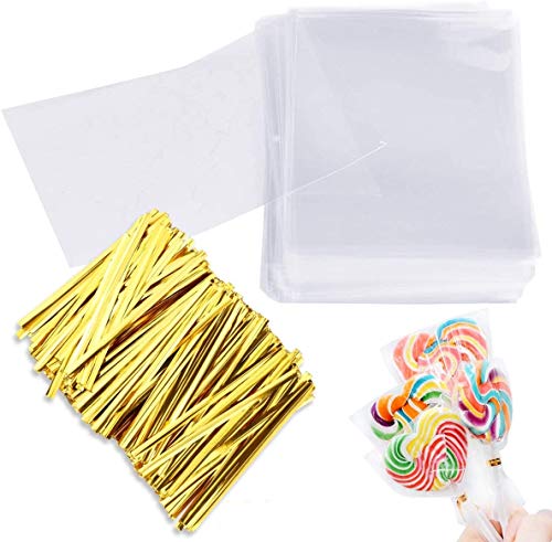 Augshy Cake Pop Bags, 300 Pcs Cellophane Treat Bags 3x5 with 300 Twist Ties - 1.4 mils Thickness OPP Plastic Bags for Lollipop Candy Chocolate Cookie Wrapping Buffet