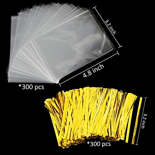 Augshy Cake Pop Bags, 300 Pcs Cellophane Treat Bags 3x5 with 300 Twist Ties - 1.4 mils Thickness OPP Plastic Bags for Lollipop Candy Chocolate Cookie Wrapping Buffet