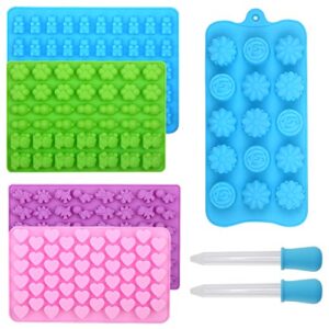 alimat plus silicone gummy molds candy molds with 2 droppers - bpa free nonstick chocolate molds including mini dinosaur, cat claw, hearts, flowers, bear shape gummie molds - pack of 5 for 210 gummies