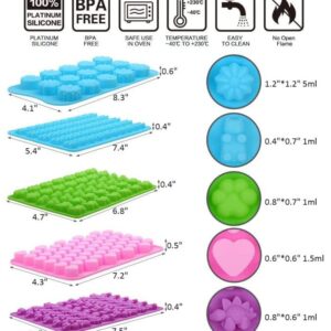 Alimat PluS Silicone Gummy Molds Candy Molds with 2 Droppers - BPA Free Nonstick Chocolate Molds Including Mini Dinosaur, Cat Claw, Hearts, Flowers, Bear Shape Gummie Molds - Pack of 5 for 210 Gummies