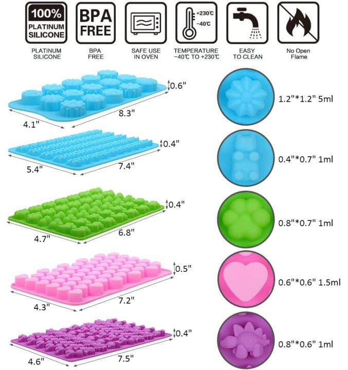 Alimat PluS Silicone Gummy Molds Candy Molds with 2 Droppers - BPA Free Nonstick Chocolate Molds Including Mini Dinosaur, Cat Claw, Hearts, Flowers, Bear Shape Gummie Molds - Pack of 5 for 210 Gummies