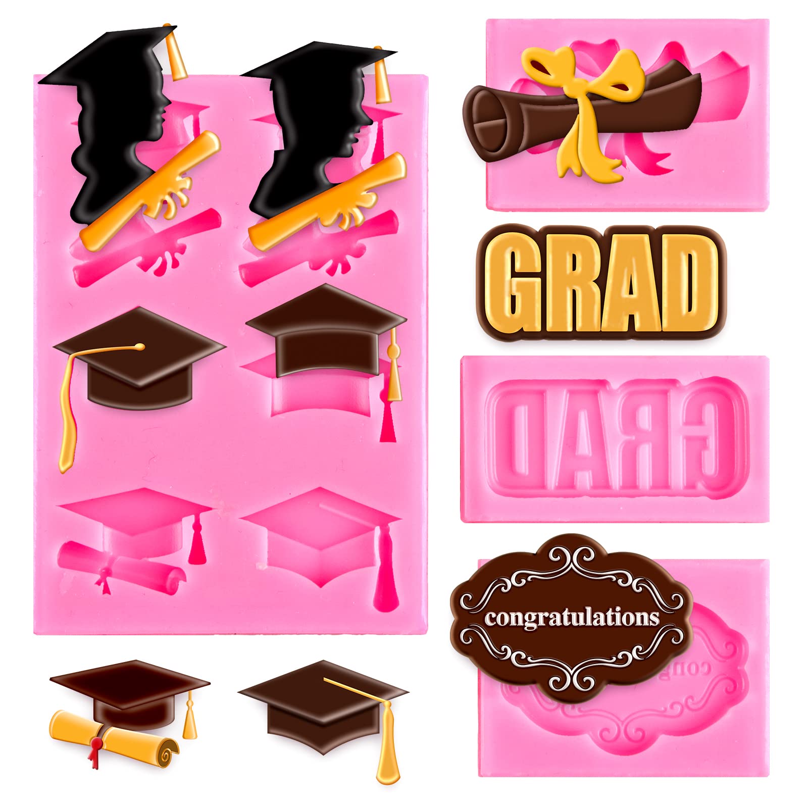 Whaline 4 Pack Graduation Fondant Molds Silicone Cap Diploma mould Congrats Grad Congratulations Candy Chocolate Mould for Party Soap Jelly Cake Cupcake Topper Decoration