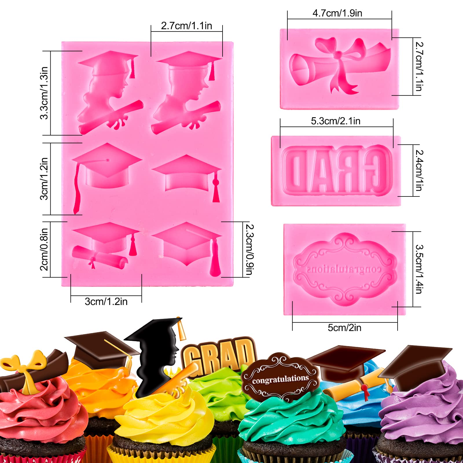 Whaline 4 Pack Graduation Fondant Molds Silicone Cap Diploma mould Congrats Grad Congratulations Candy Chocolate Mould for Party Soap Jelly Cake Cupcake Topper Decoration