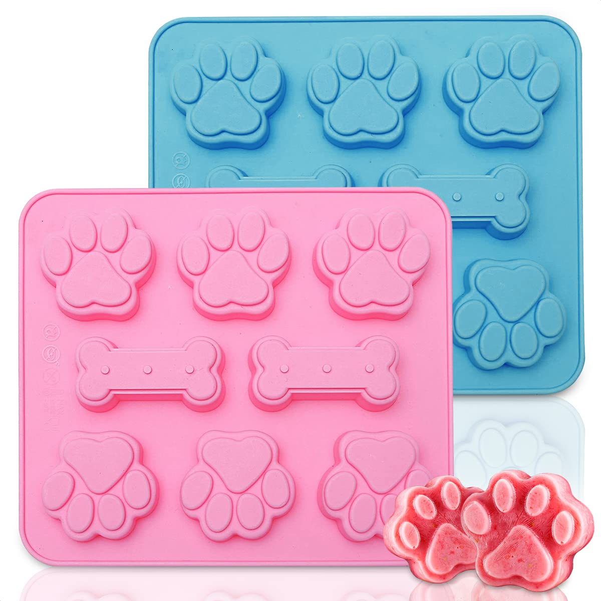 Paw and Bone Candy Molds Silicone - 2Pcs Dog Treat Molds for Chocolate Candy Silicone Molds for Baking Puppy Ice Cube Shapes - Blue and Pink Dog Bone Cake Pan Paw Molds for Dog Treats Silicon Mold