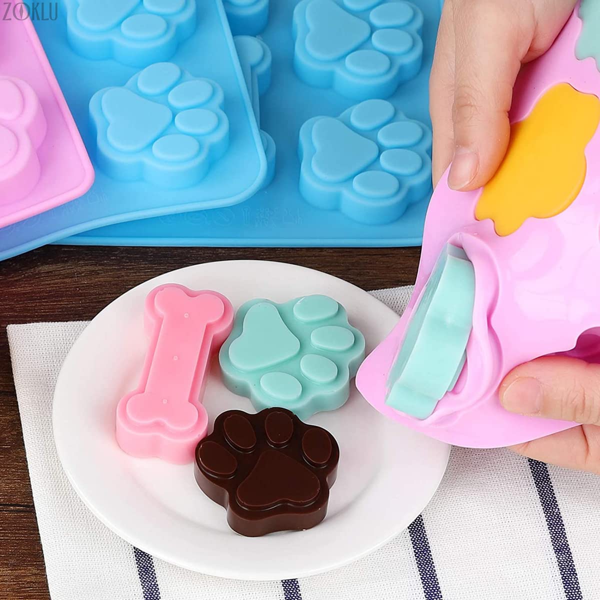 Paw and Bone Candy Molds Silicone - 2Pcs Dog Treat Molds for Chocolate Candy Silicone Molds for Baking Puppy Ice Cube Shapes - Blue and Pink Dog Bone Cake Pan Paw Molds for Dog Treats Silicon Mold