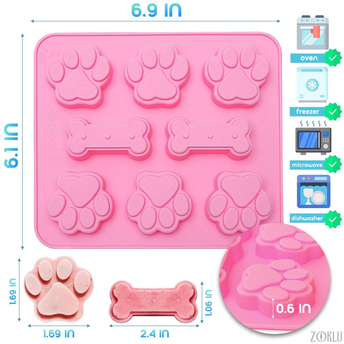 Paw and Bone Candy Molds Silicone - 2Pcs Dog Treat Molds for Chocolate Candy Silicone Molds for Baking Puppy Ice Cube Shapes - Blue and Pink Dog Bone Cake Pan Paw Molds for Dog Treats Silicon Mold