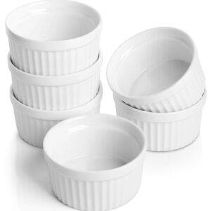 Samsle Porcelain Ramekins 4 oz Oven Safe, Small Souffle Dishes for Creme Brulee, Ice Cream, Dipping and Sauces Cup, Ceramic White Mini Baking Bowls Set of 6