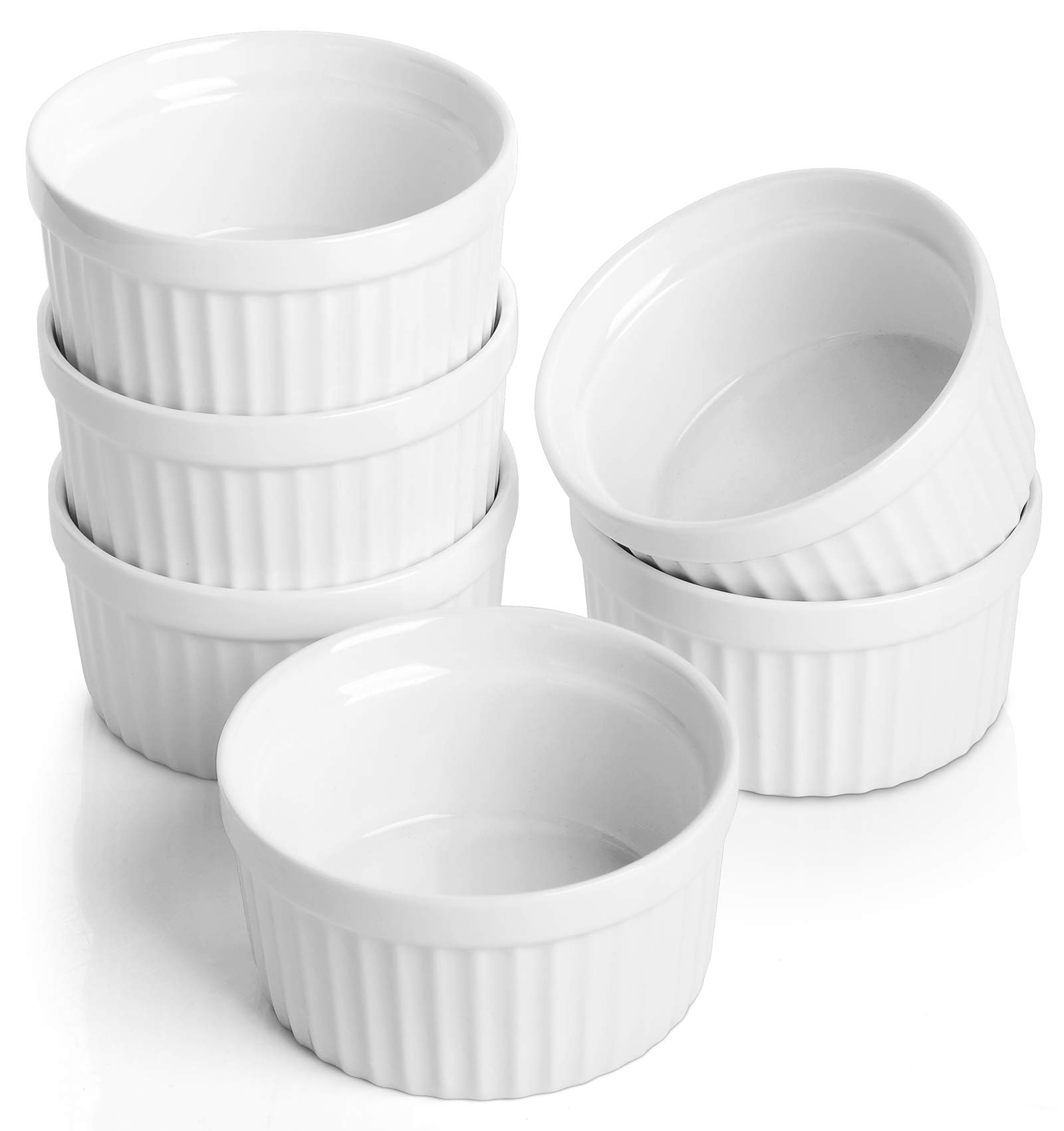 Samsle Porcelain Ramekins 4 oz Oven Safe, Small Souffle Dishes for Creme Brulee, Ice Cream, Dipping and Sauces Cup, Ceramic White Mini Baking Bowls Set of 6