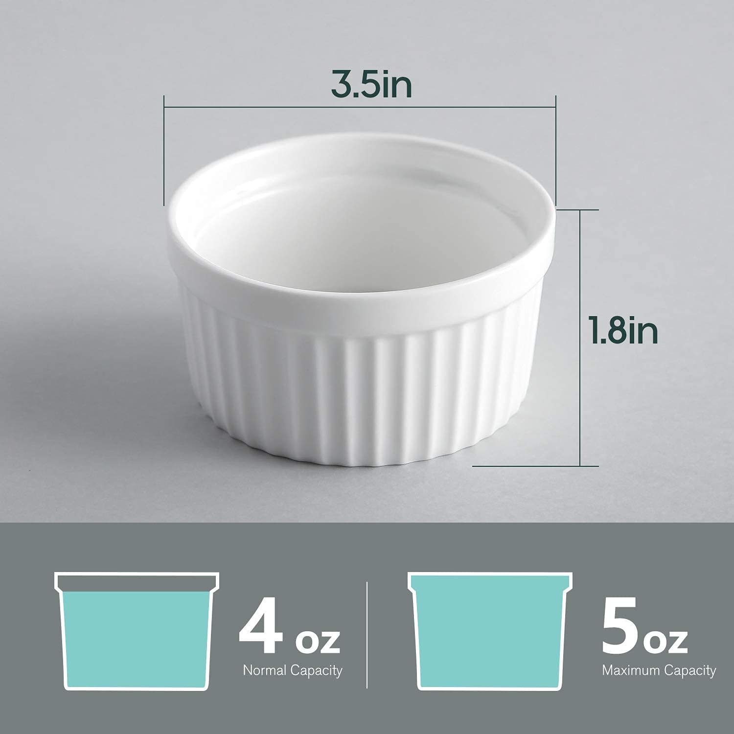 Samsle Porcelain Ramekins 4 oz Oven Safe, Small Souffle Dishes for Creme Brulee, Ice Cream, Dipping and Sauces Cup, Ceramic White Mini Baking Bowls Set of 6