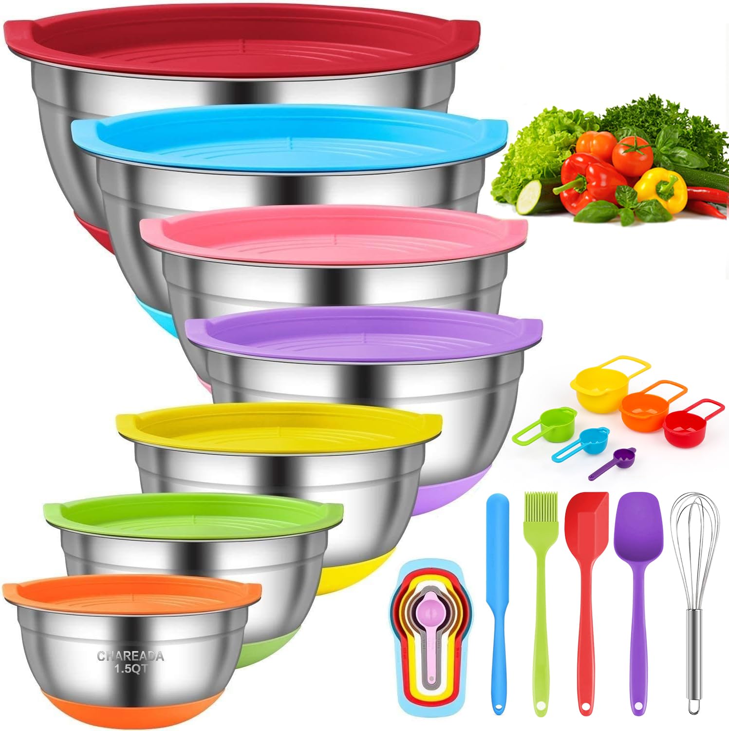 CHAREADA Mixing Bowls with Airtight Lids, 18pcs Stainless Steel Nesting Colorful Mixing Bowls Set Non-slip Silicone Bottom, Size 7, 5.5, 4, 3.5, 2.5, 2, 1.5 qt, Fit for Mixing & Serving