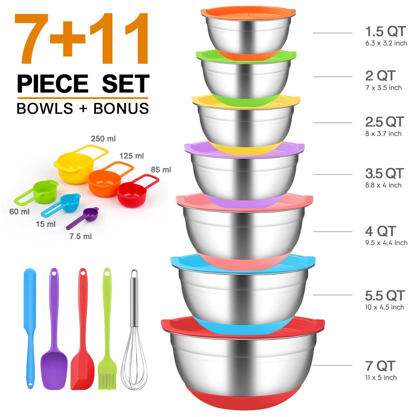 CHAREADA Mixing Bowls with Airtight Lids, 18pcs Stainless Steel Nesting Colorful Mixing Bowls Set Non-slip Silicone Bottom, Size 7, 5.5, 4, 3.5, 2.5, 2, 1.5 qt, Fit for Mixing & Serving