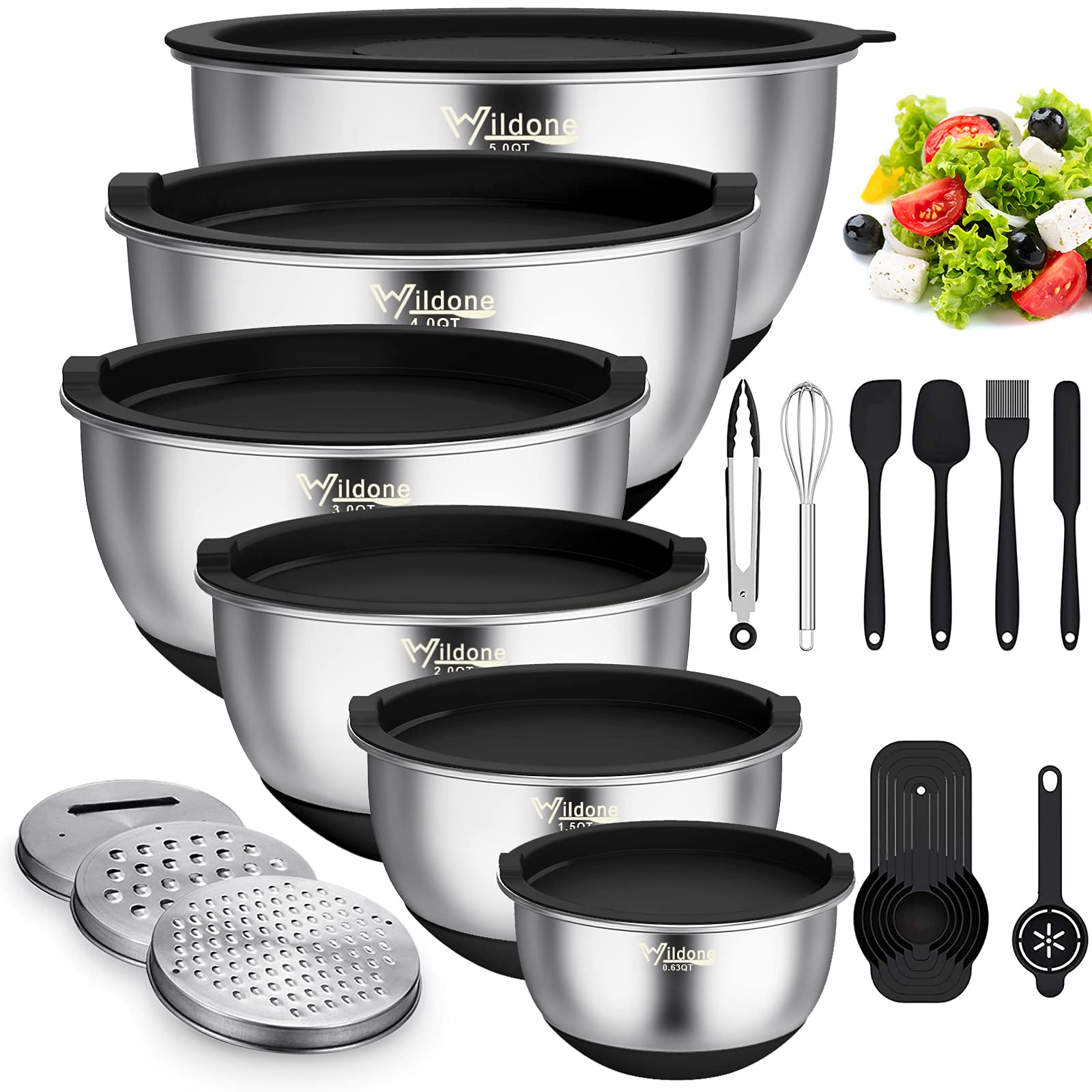 Wildone Mixing Bowls with Airtight Lids, 22 PCS Stainless Steel Nesting Bowls, with 3 Grater Attachments, Scale Marks & Non-Slip Bottom, Size 5, 4, 3, 2,1.5, 0.63QT, Ideal for Mixing & Prepping