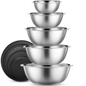 whysko stainless steel mixing bowls with lids set, 5 sizes nesting mixing bowls for your kitchen meal prep, cooking, baking, and food storage (silver bowls - with black lids)