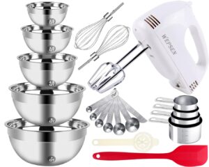 5-speed electric hand mixer, 5 large mixing bowls set, handheld mixers with whisks beater, stainless steel metal nesting bowl measuring cups spoons kitchen cake blender for prep baking supplies