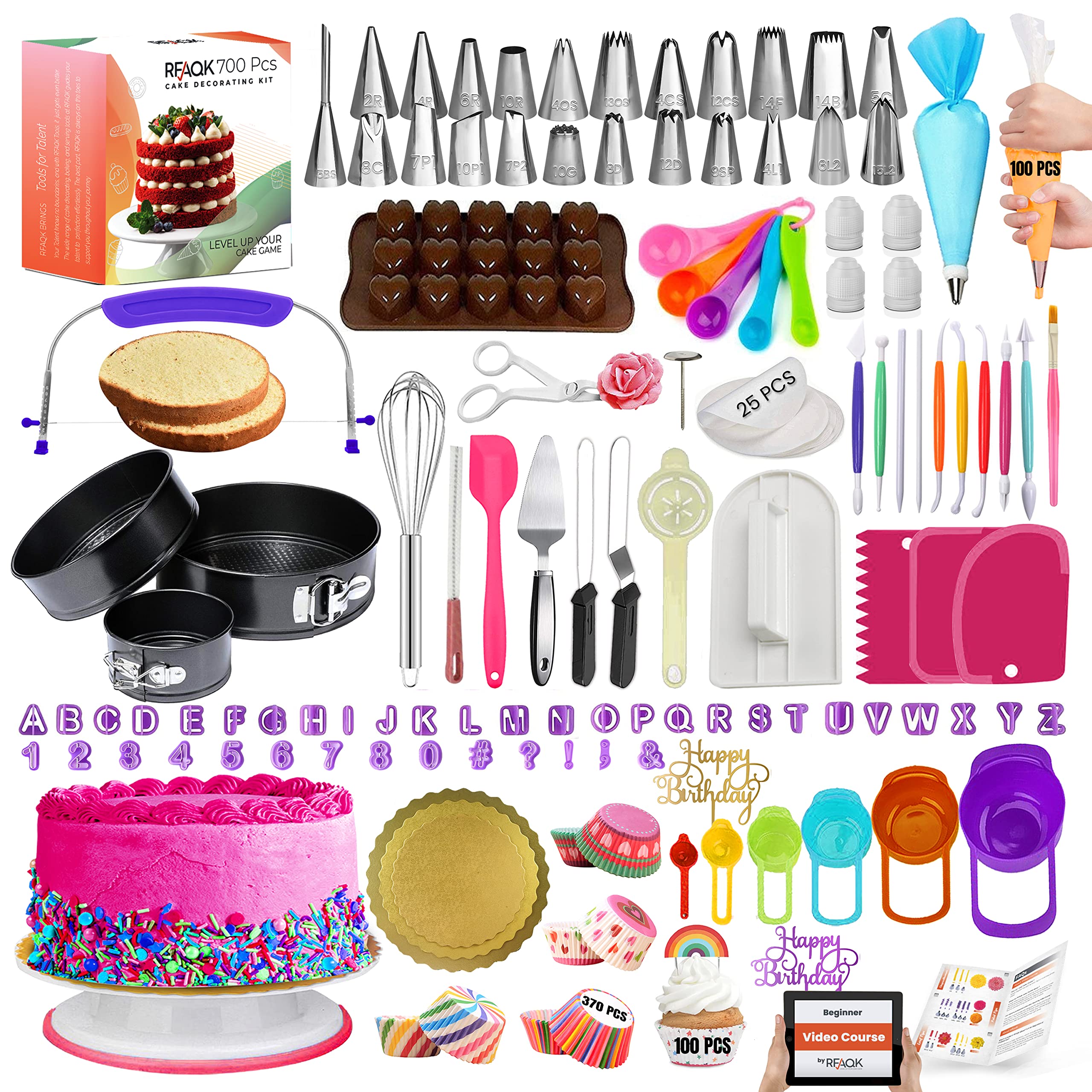 RFAQK 700PCs Cake Decorating Supplies Kit with Baking Supplies- Cake Decorating Tools with Springform Pans, Cake Leveler, Cake Turntable, Numbered Piping Tips, Icing Spatulas, Fondant Tools and More