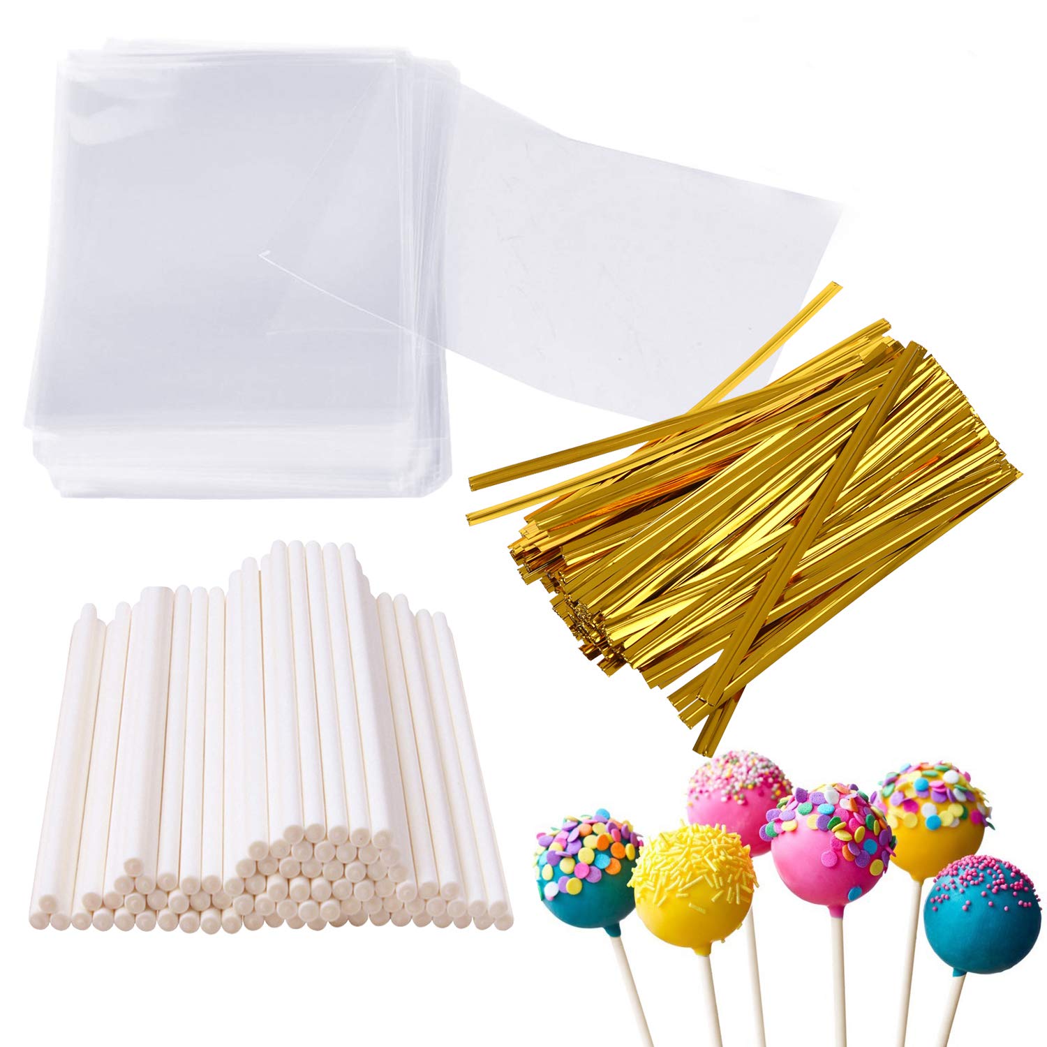 Augshy 300Pcs 6 Inches Cake Pop Sticks and Wrappers Include 100Pcs Cake Pop Sticks 100Pcs Cake Pop Bags and 100Pcs Twist Ties