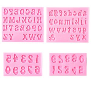 gelifatle letters molds and numbers molds, silicone fondant mold chocolate molds, 0-9 number and 26 letters silicone molds for baking desserts and cake decoration (4 pack)