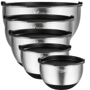 wildone mixing bowls with airtight lids, stainless steel nesting mixing bowls set of 5, with non-slip silicone bottoms, size 8, 5, 3, 2, 1.5 qt, stackable design, great for mixing and prepping