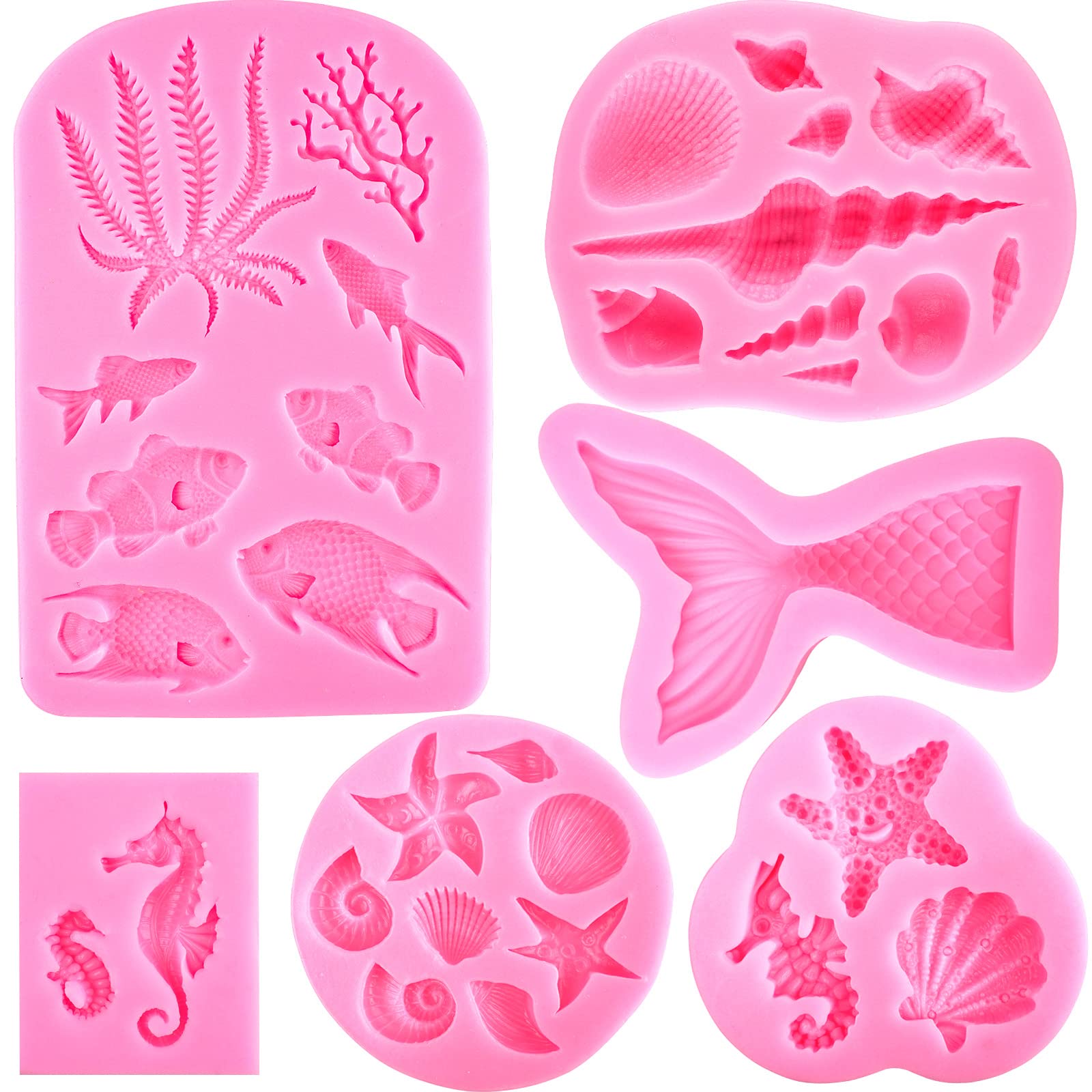 Mermaid Silicone Mold Marine Fondant Cake Mold 6 Pieces Mermaid Tail Chocolate Candy Soap Resin Polymer Clay Mold Seashell Seaweed Seahorse Sea Turtle Silicone Baking Mold