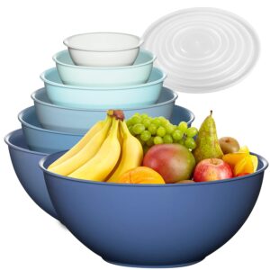 12 piece plastic mixing bowls set, colorful nesting 6 prep bowls and 6 lids - color food storage for leftovers, fruit, salads, snacks, and potluck dishes - microwave and freezer safe