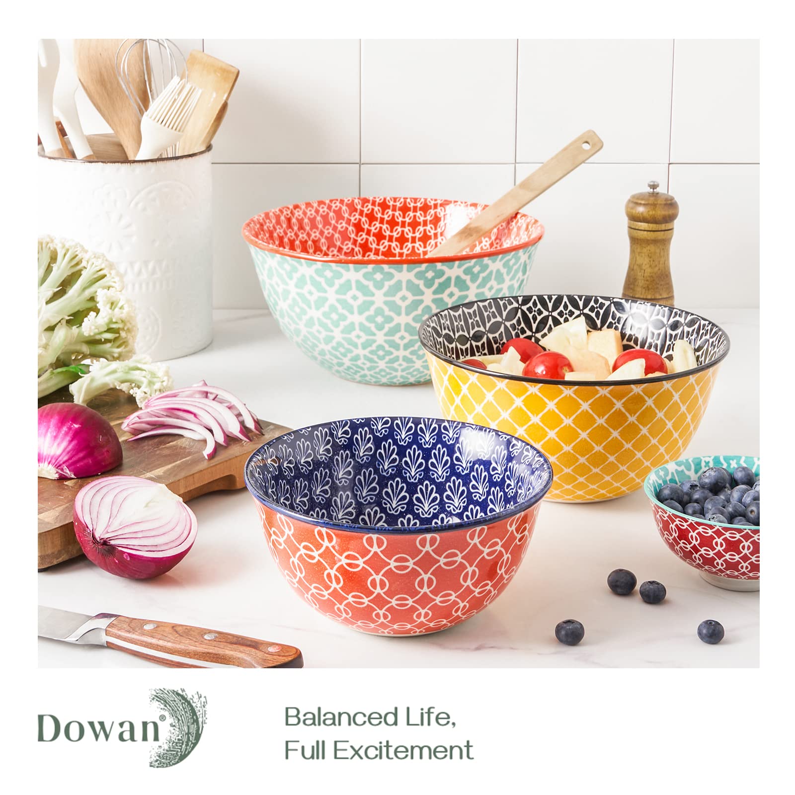 DOWAN Mixing Bowls, Ceramic Mixing Bowls for Kitchen, Colorful Vibrant Nesting Bowls for Cooking, Baking, Prepping, Serving, Salad, Housewarming Gift, Microwave Dishwasher Safe, 3.7/2/1 Qt, Set of 3