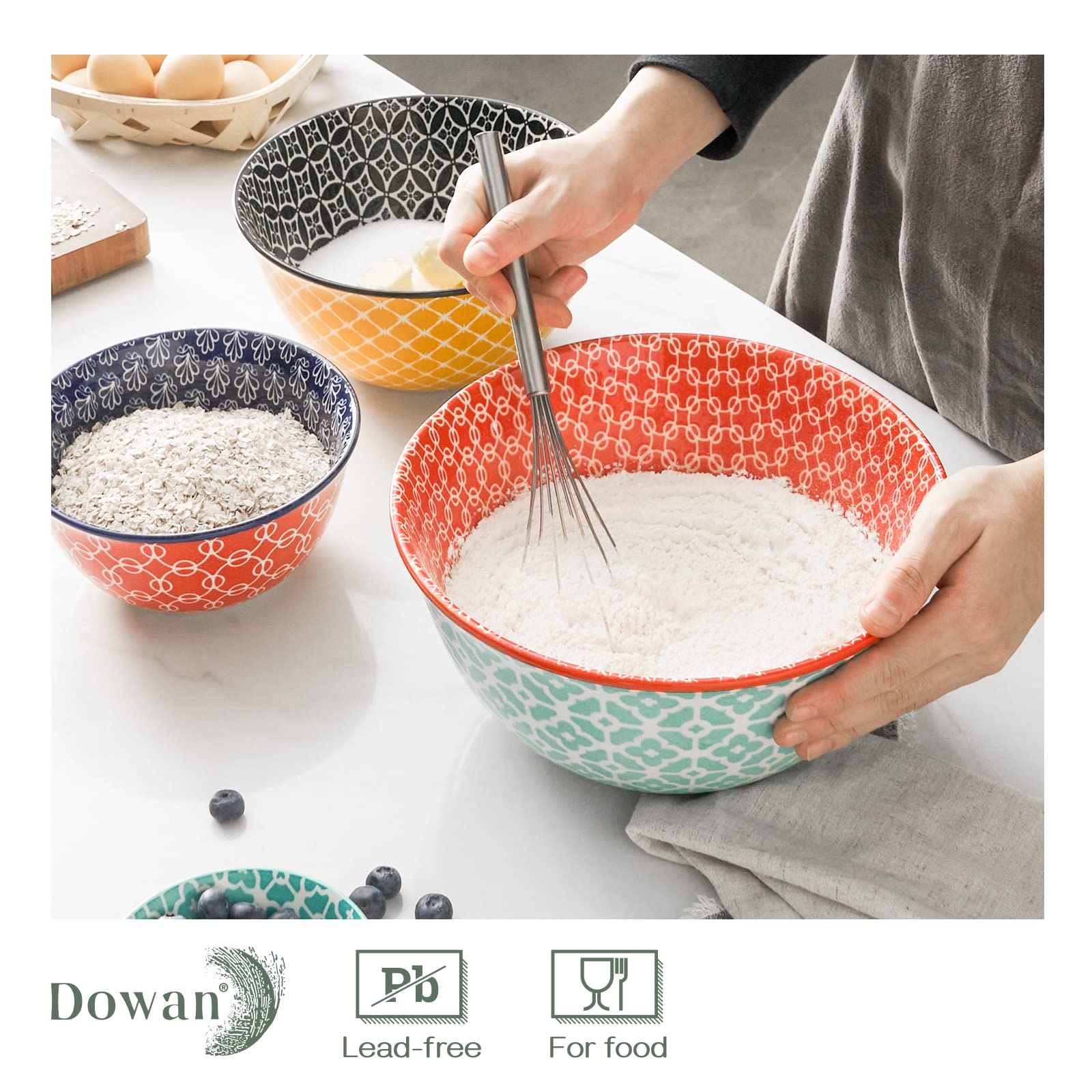 DOWAN Mixing Bowls, Ceramic Mixing Bowls for Kitchen, Colorful Vibrant Nesting Bowls for Cooking, Baking, Prepping, Serving, Salad, Housewarming Gift, Microwave Dishwasher Safe, 3.7/2/1 Qt, Set of 3