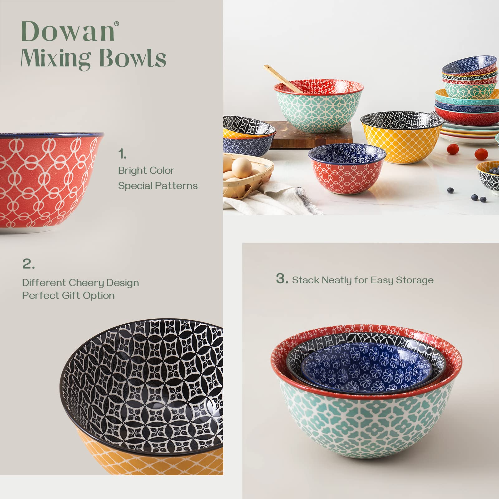 DOWAN Mixing Bowls, Ceramic Mixing Bowls for Kitchen, Colorful Vibrant Nesting Bowls for Cooking, Baking, Prepping, Serving, Salad, Housewarming Gift, Microwave Dishwasher Safe, 3.7/2/1 Qt, Set of 3