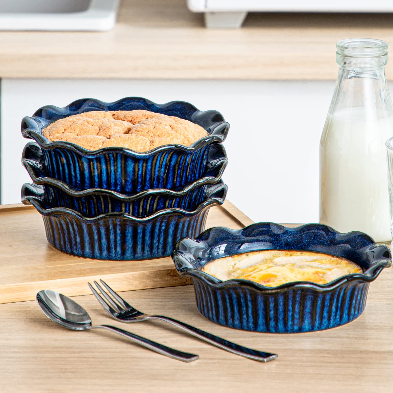 vancasso Stern Mini Pie Pans Set of 6, Ceramic Dish Pie Plate for Baking, Small Plates with Corrugated Edge, Easy to Clean, Dishwasher & Microwave & Oven Safe Blue, 5.2 inch, 9 Ounce