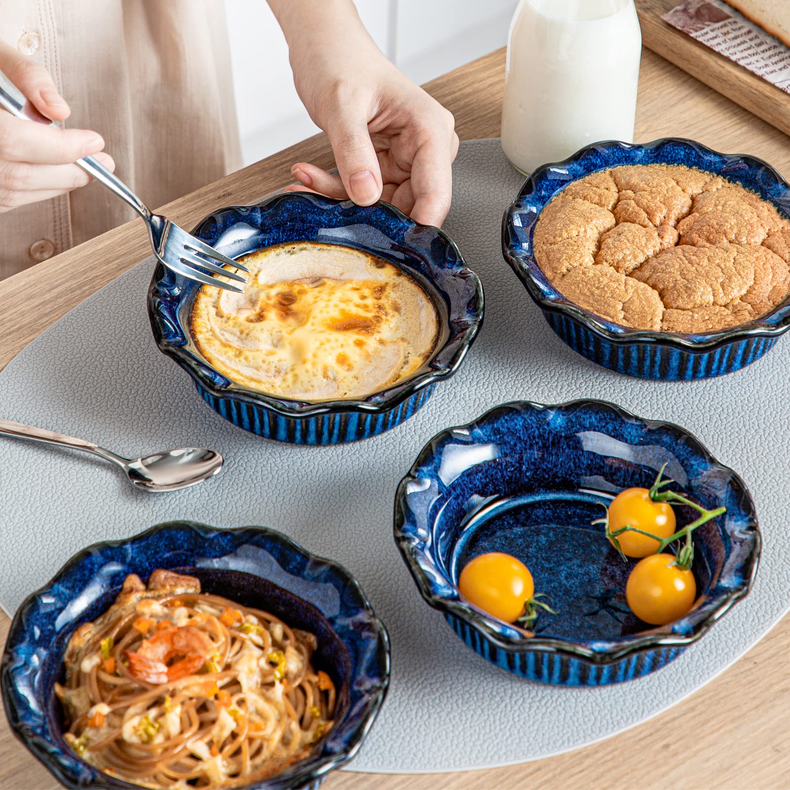 vancasso Stern Mini Pie Pans Set of 6, Ceramic Dish Pie Plate for Baking, Small Plates with Corrugated Edge, Easy to Clean, Dishwasher & Microwave & Oven Safe Blue, 5.2 inch, 9 Ounce