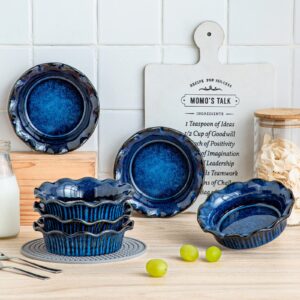 vancasso Stern Mini Pie Pans Set of 6, Ceramic Dish Pie Plate for Baking, Small Plates with Corrugated Edge, Easy to Clean, Dishwasher & Microwave & Oven Safe Blue, 5.2 inch, 9 Ounce