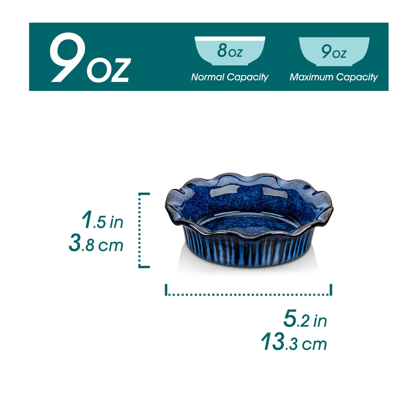 vancasso Stern Mini Pie Pans Set of 6, Ceramic Dish Pie Plate for Baking, Small Plates with Corrugated Edge, Easy to Clean, Dishwasher & Microwave & Oven Safe Blue, 5.2 inch, 9 Ounce