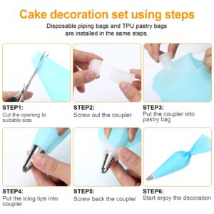 110Pcs Piping Bags and Tips Set, Cake Decorating Kit with 100 Disposable Pastry bags, 1 Reusable Silicone Piping Bag, 6 Stainless Steel Piping Tips, 1 Coupler, 2 Frosting Bags Ties