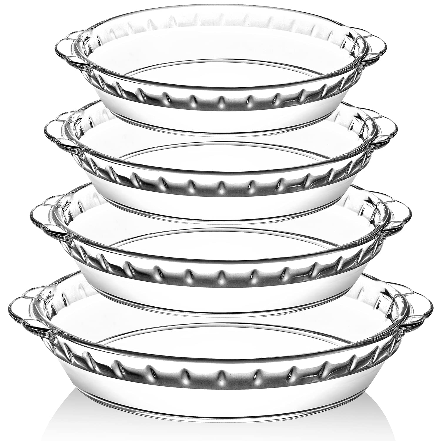 4 Packs Glass Pie Plates, MCIRCO Deep Pie Pans Set (7"/8"/9"/10"), Pie Baking Dishes with Handles for Baking and Serving, Clear