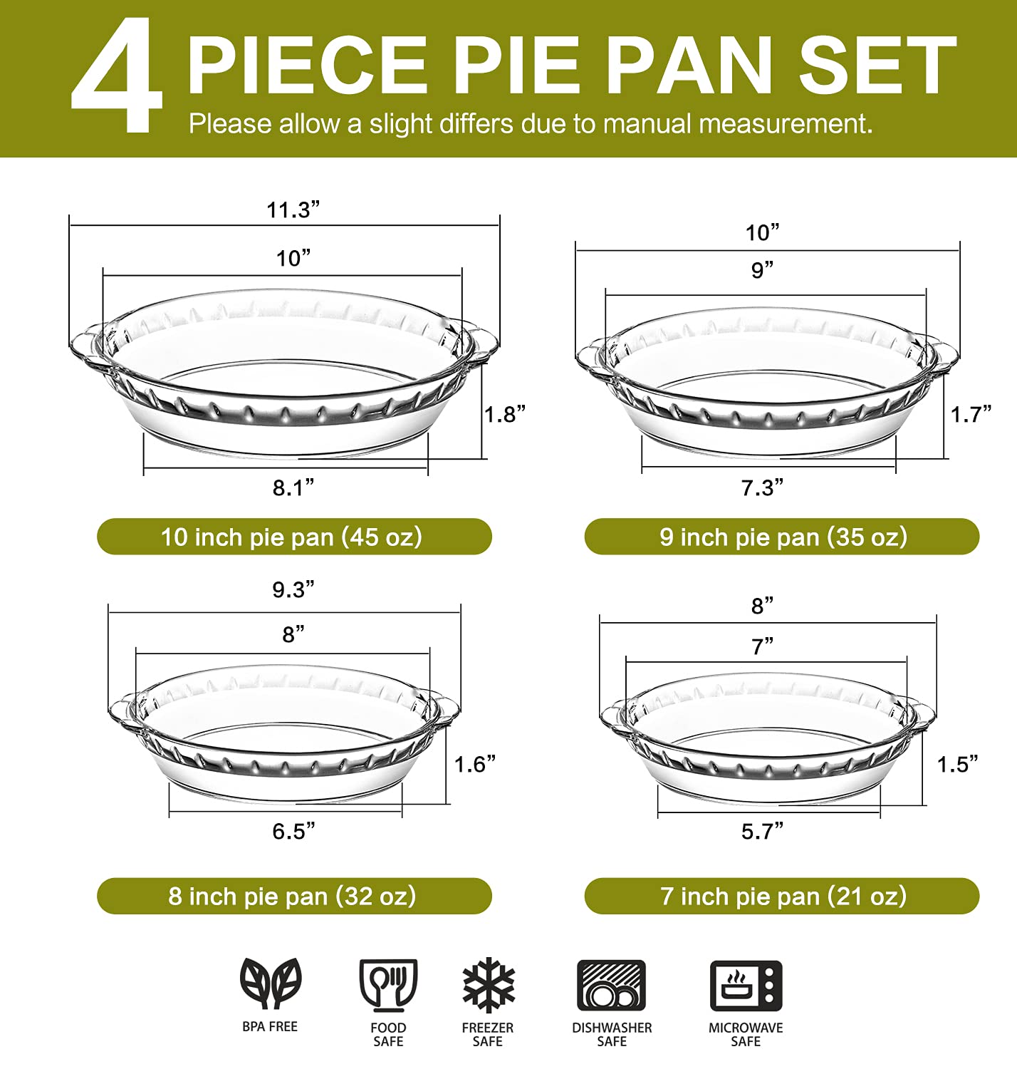 4 Packs Glass Pie Plates, MCIRCO Deep Pie Pans Set (7"/8"/9"/10"), Pie Baking Dishes with Handles for Baking and Serving, Clear