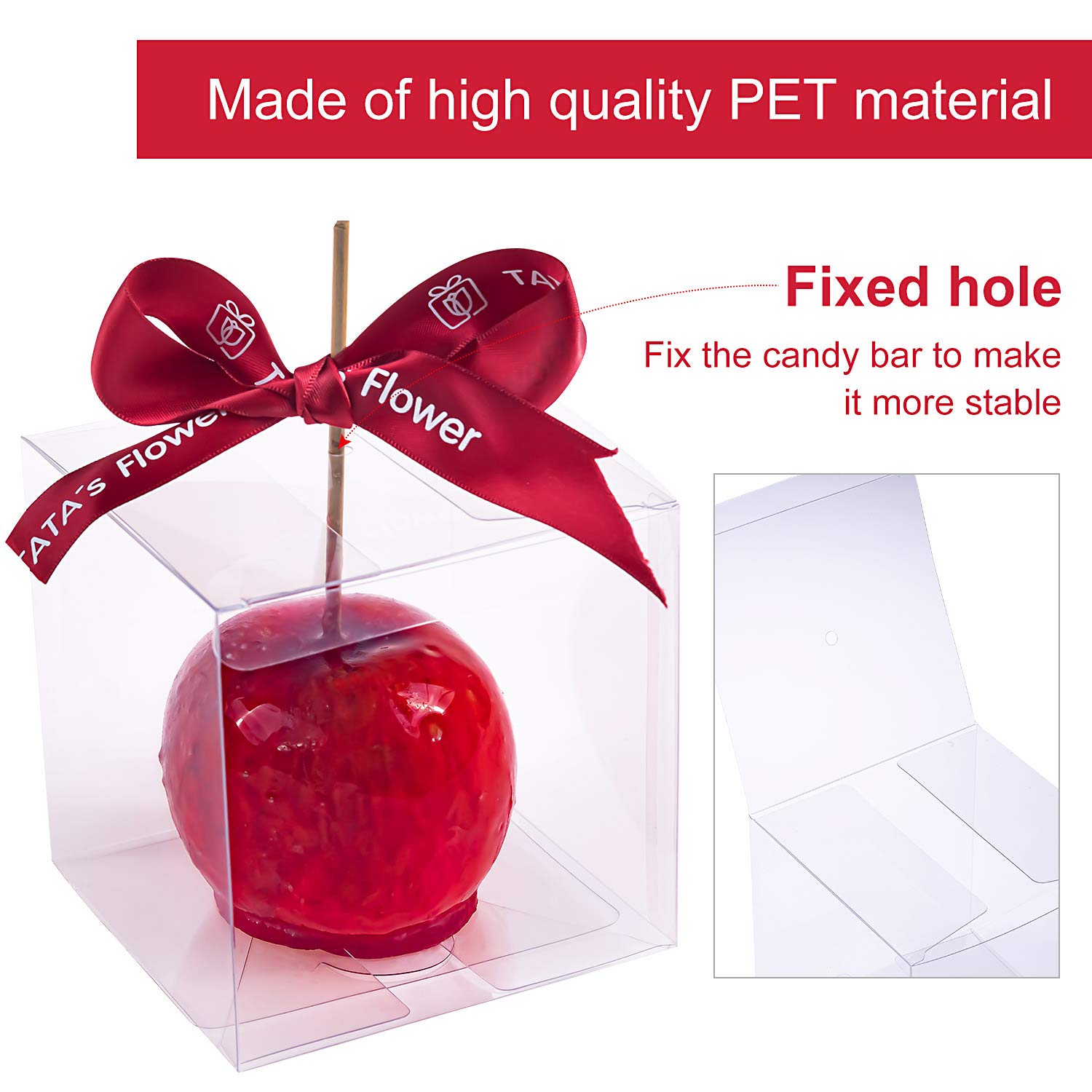 Clear Candy Apple Boxes with Hole 4"x 4"x 4" Transparent Favor Boxes Set of 20 Food-Grade Treat Box for Caramel Apples Cake Pops Cookies Chocolates (Clear, 20)